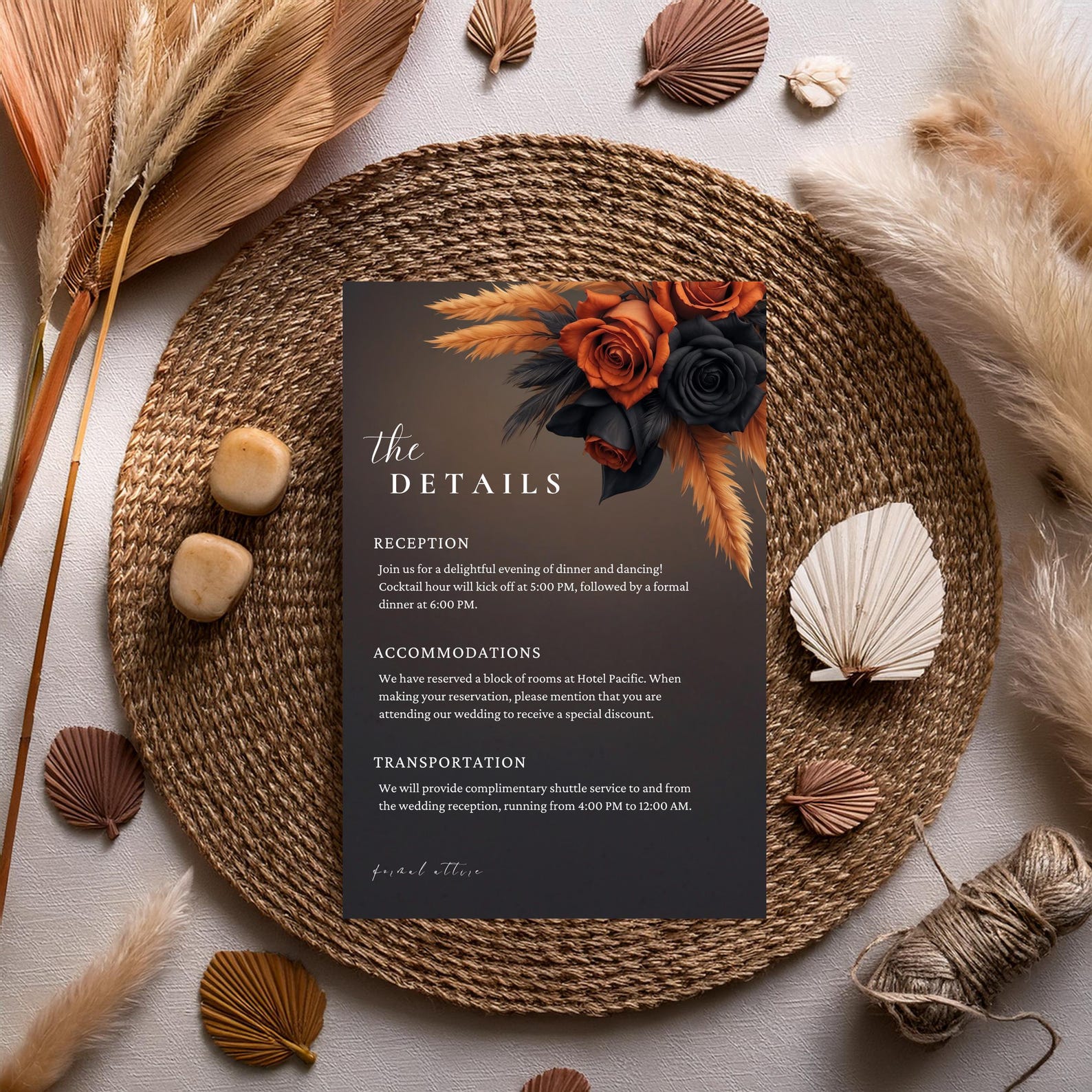 Black Burnt Orange Rose Wedding Invitation, Canva Template, Instant ...