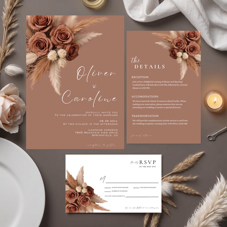 Mocha Mousse Pantone Wedding Invitation, Canva Editable Template, Color ...