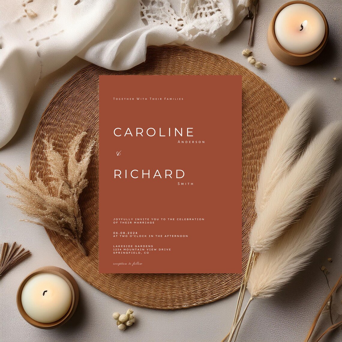 Burnt Orange Wedding Invitation, Canva Editable Template, Instant ...