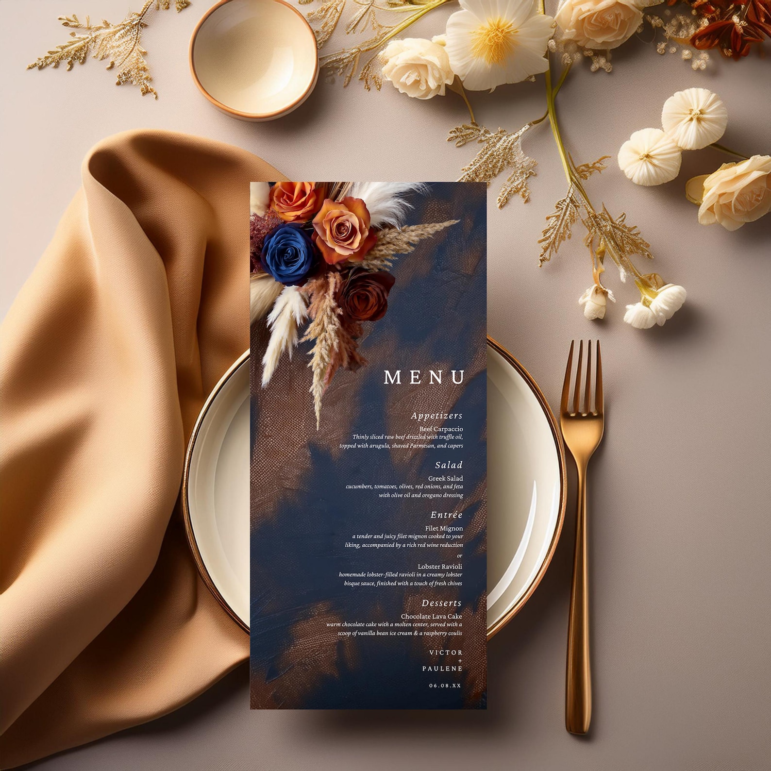 Navy Blue, Burnt Orange, Brown Roses Floral Wedding Menu Template ...
