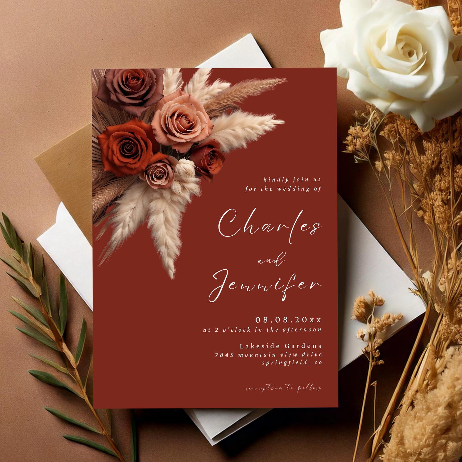Rust Orange Floral Wedding Invitation, Canva Editable Template, Instant ...
