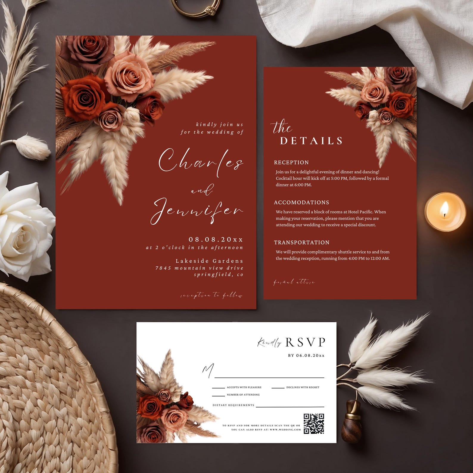 Rust Orange Floral Wedding Invitation, Canva Editable Template, Instant ...
