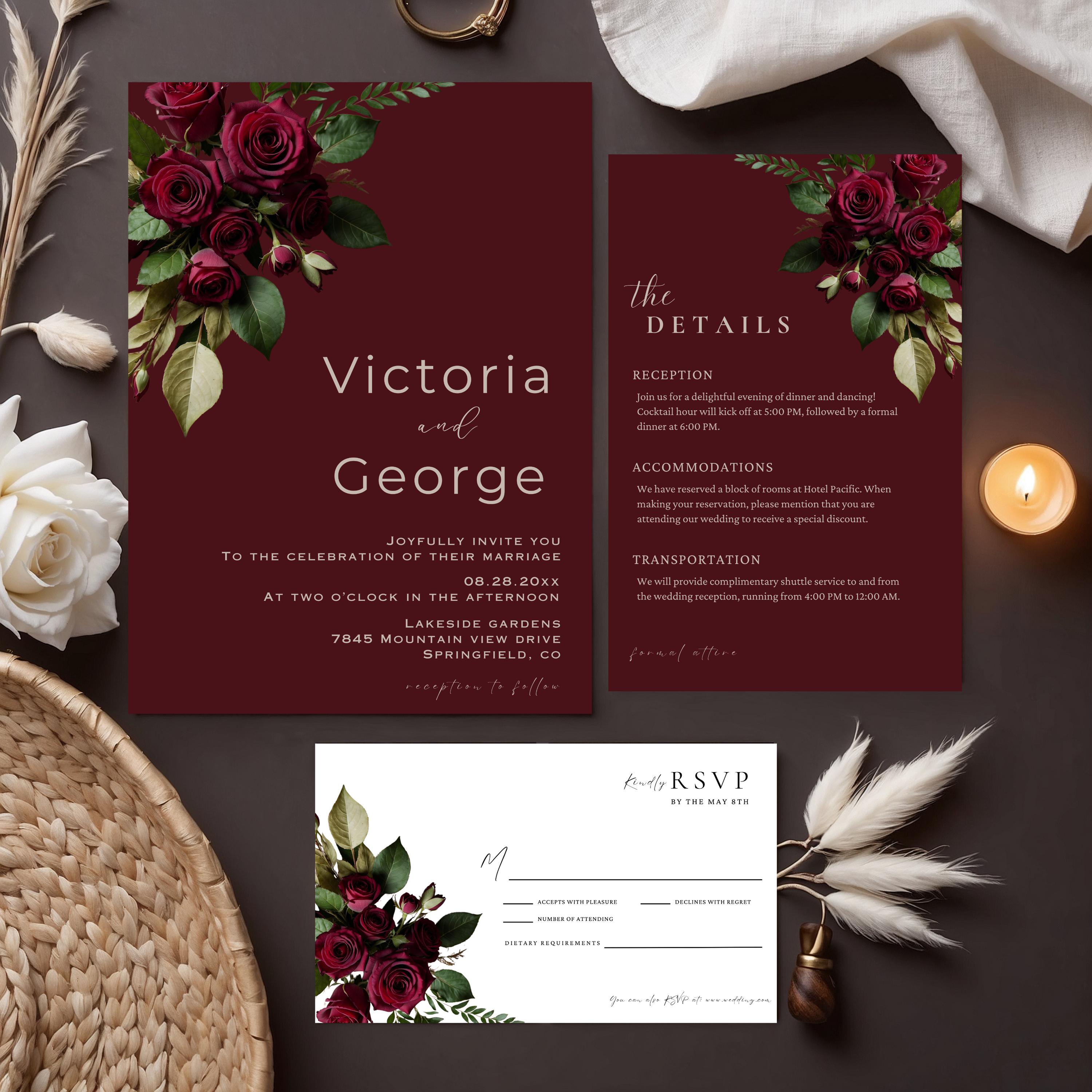 Burgundy Floral Wedding Invitation, Canva Editable Template, RSVP ...