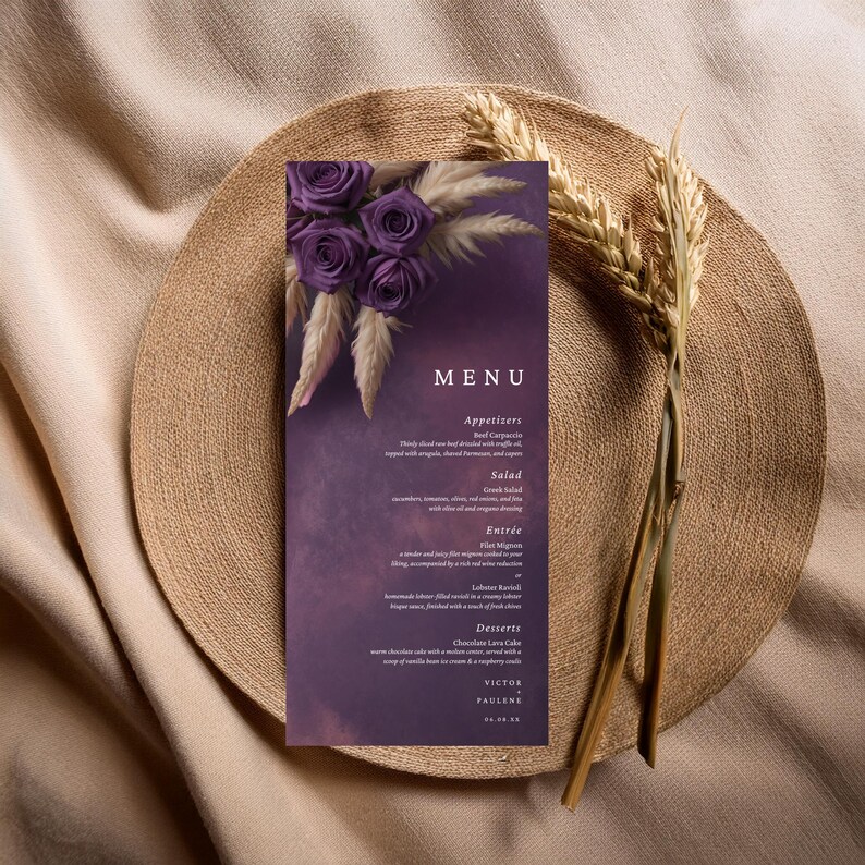 Purple Floral Wedding Menu Template, Canva Editable, Instant Download ...