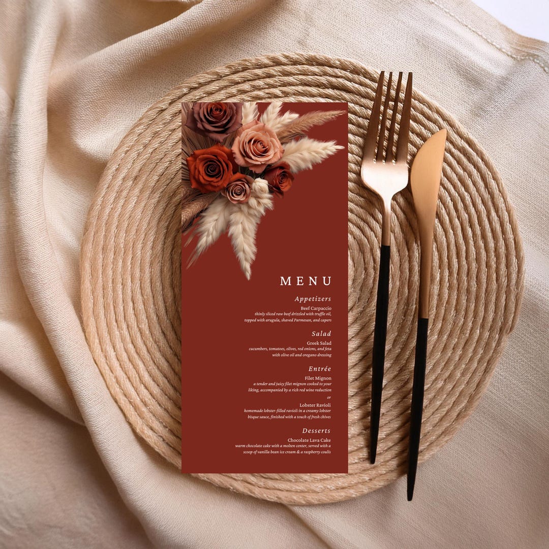 Rust Orange Floral Wedding Menu Template, Canva Template, Instant ...