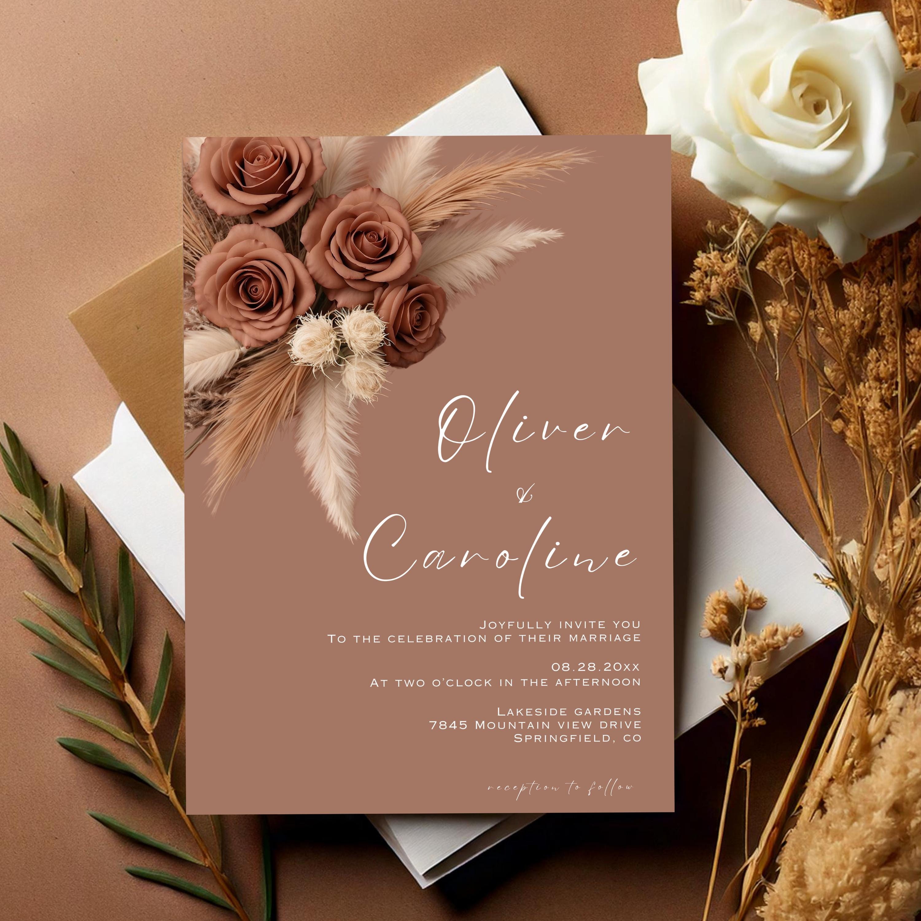 Mocha Mousse Pantone Floral Wedding Invitation, Canva Editable Template ...