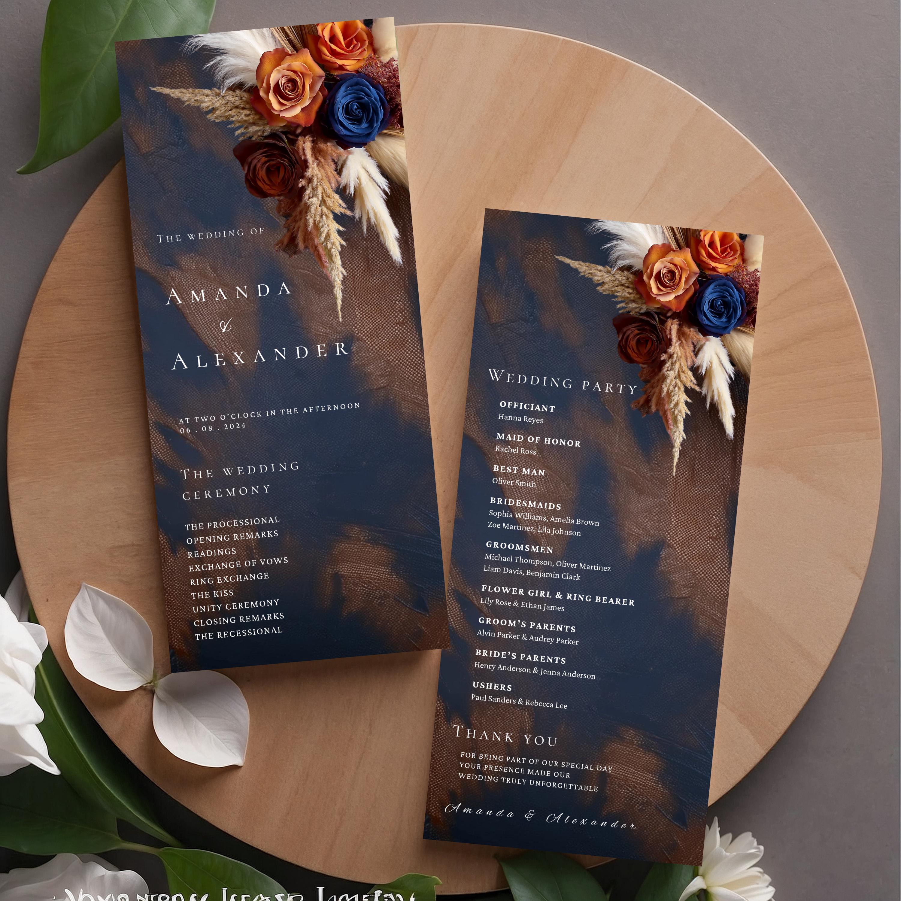 Navy Blue, Burnt Orange, Brown Roses Floral Wedding Programs Template ...