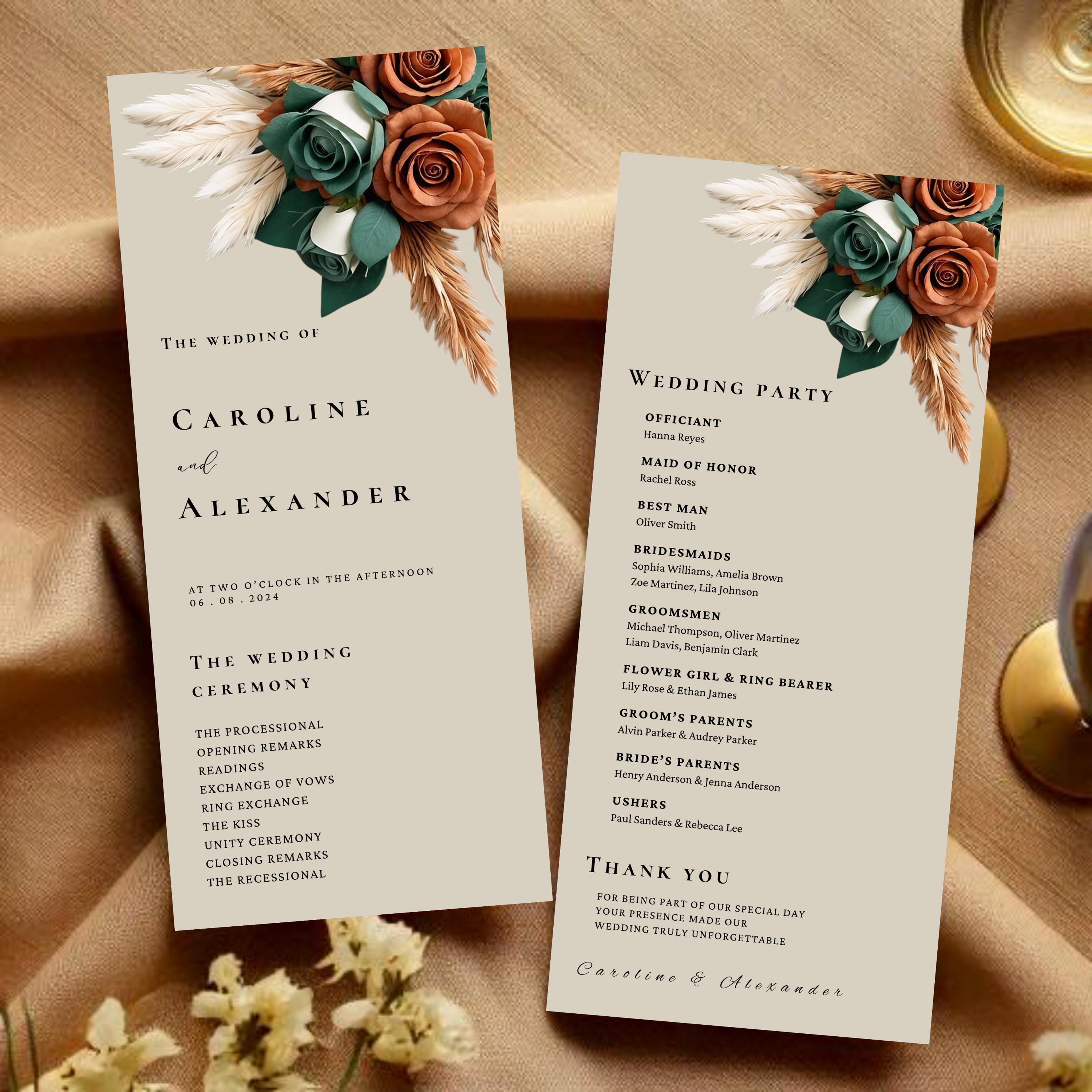 Sage Green Copper Brown Floral Wedding Programs Ceremony Itinerary ...