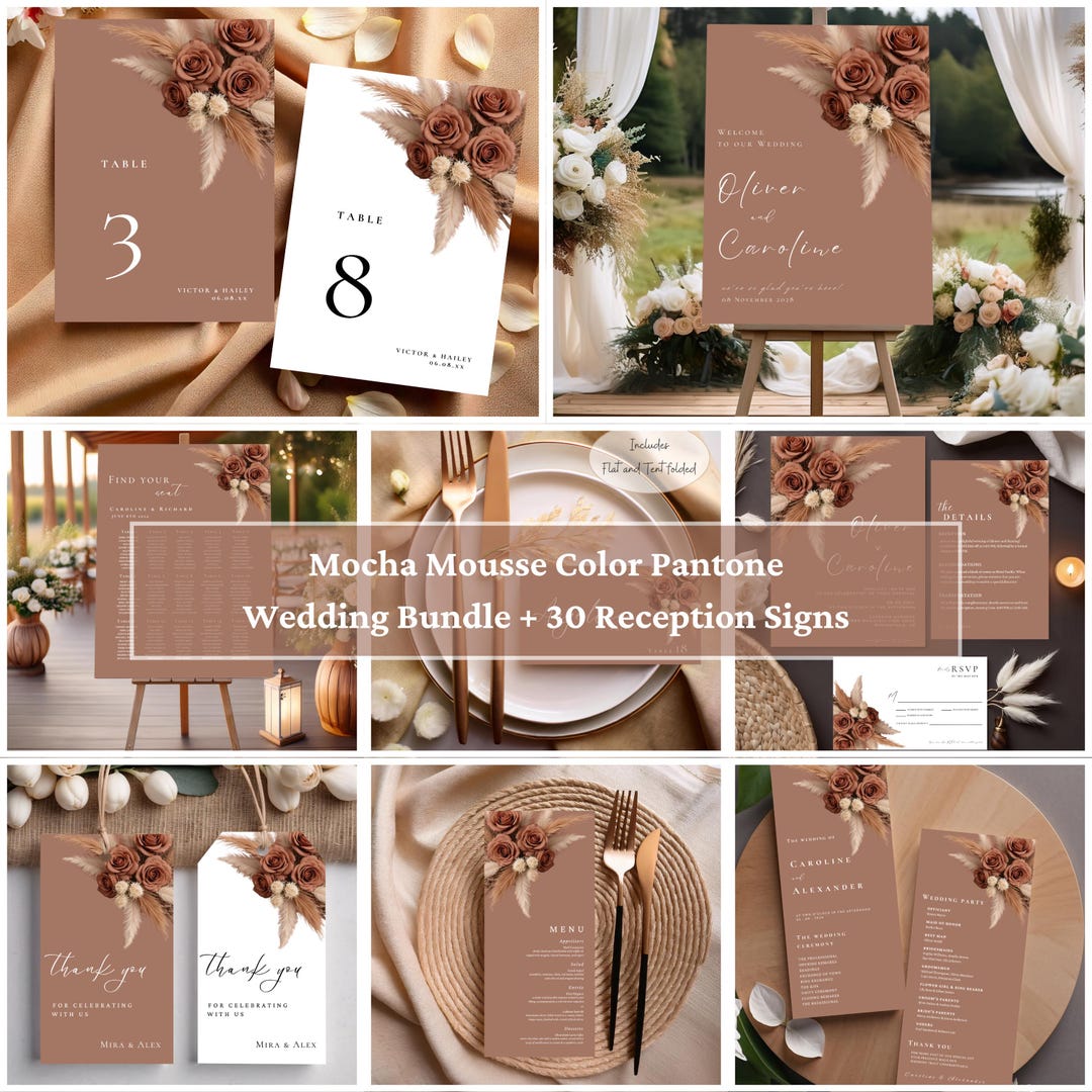 Mocha Mousse Color Pantone Floral Wedding Templates Bundle Set, Wedding ...