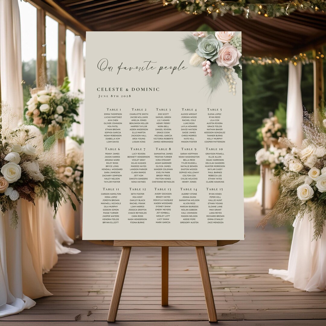 Blush Pink Sage Green Floral Wedding Seat Plan, Vertical Seat Chart, 15 ...
