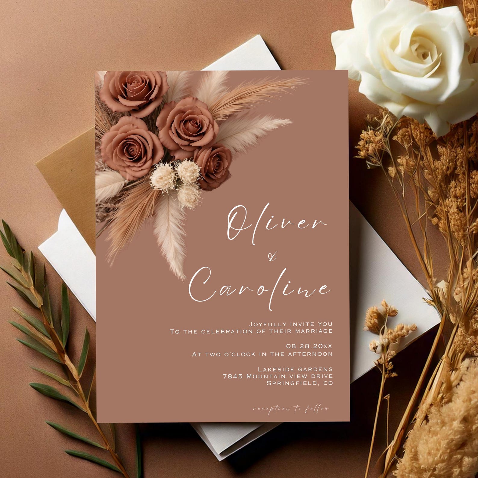 Mocha Mousse Pantone Wedding Invitation, Canva Editable Template, Color ...