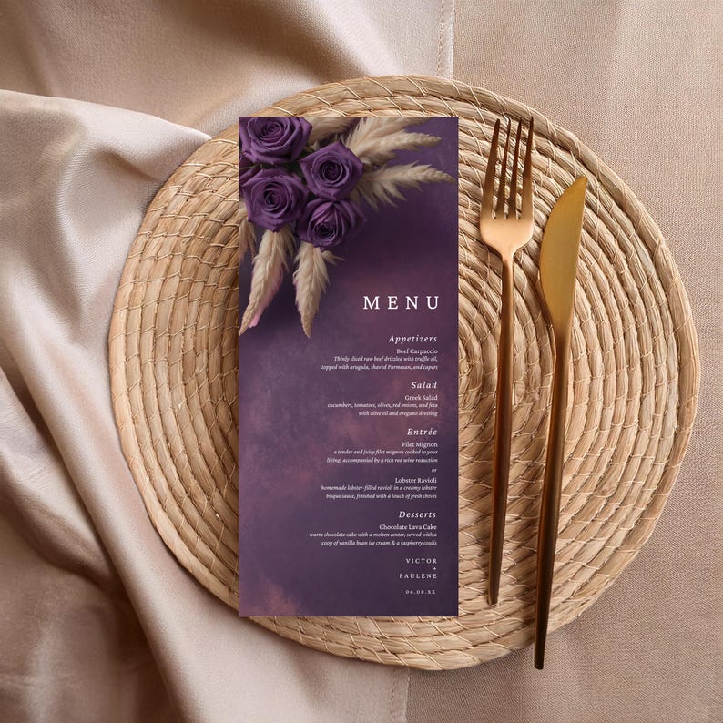 Purple Floral Wedding Menu Template, Canva Editable, Instant Download ...