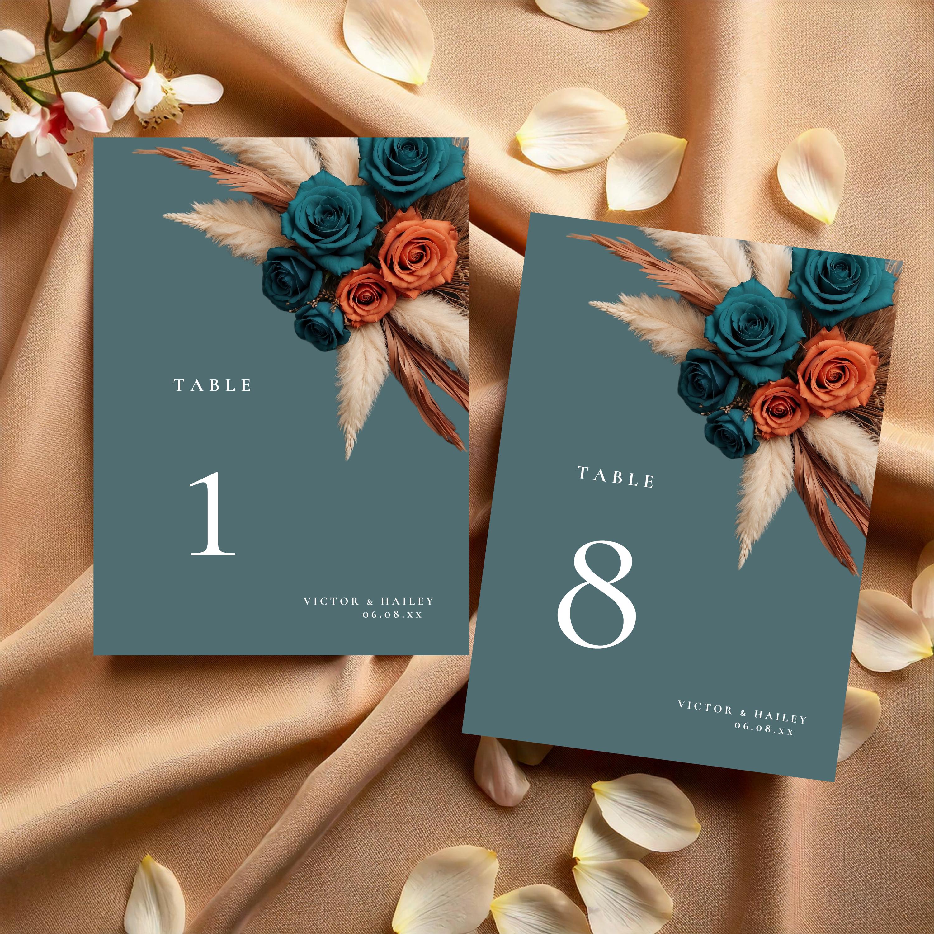 Dark Teal Orange Floral Wedding Table Number Signs, Canva Editable ...