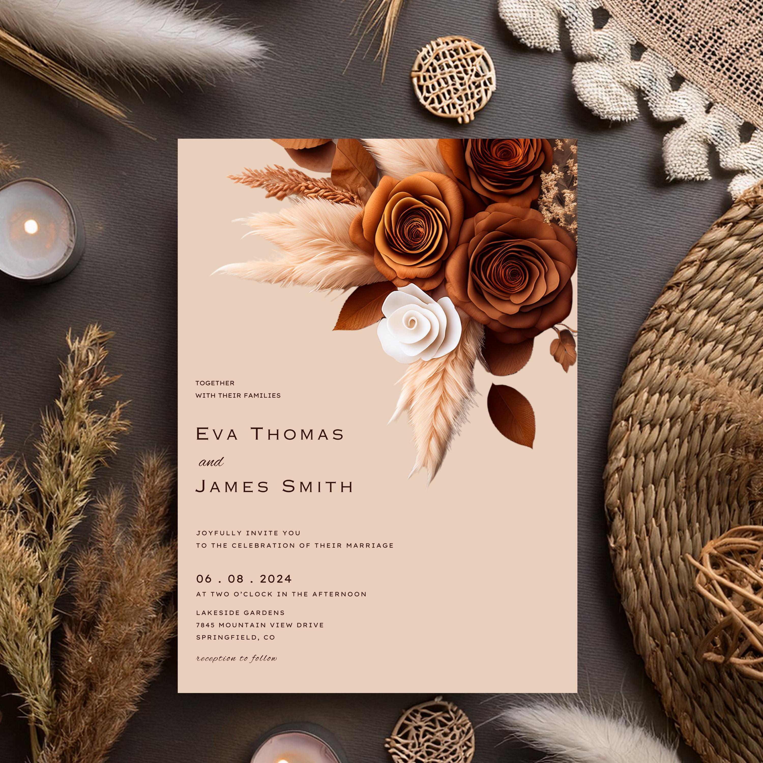 Rust Brown Rose Floral Wedding Invitation, Canva Editable Template ...