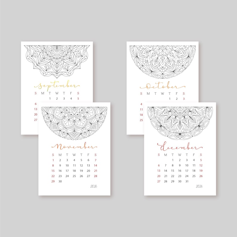 2026 Printable A2 Desk Calendar 4.25"x5.5", Digital Download Mandala ...