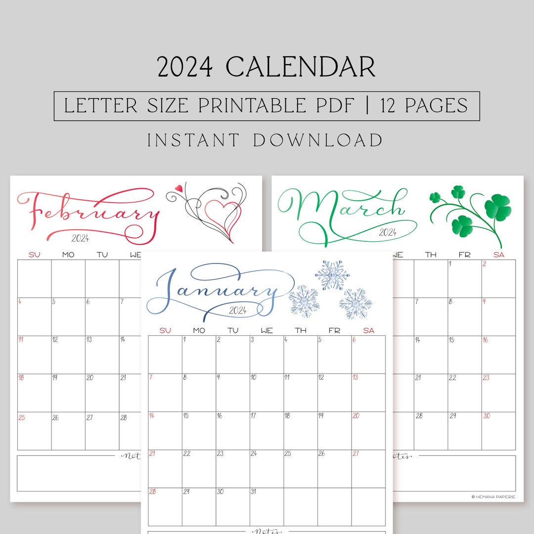 2024 Digital Download Calendar 8.5X11, Monthly Seasonal Planner ...