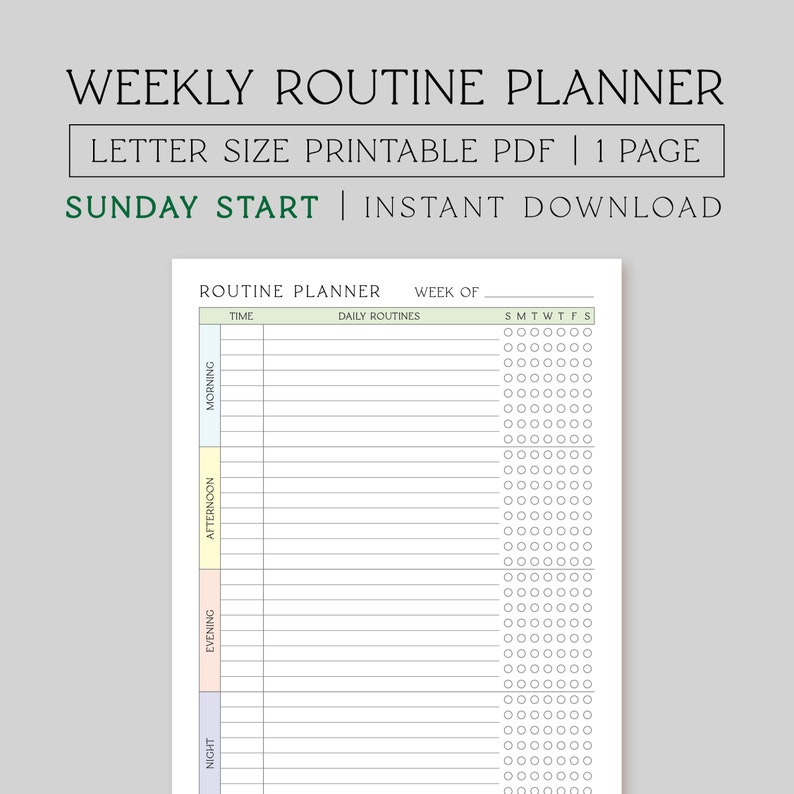 Printable Sunday Start Weekly Routine Planner 8.5X11, to Do List ...