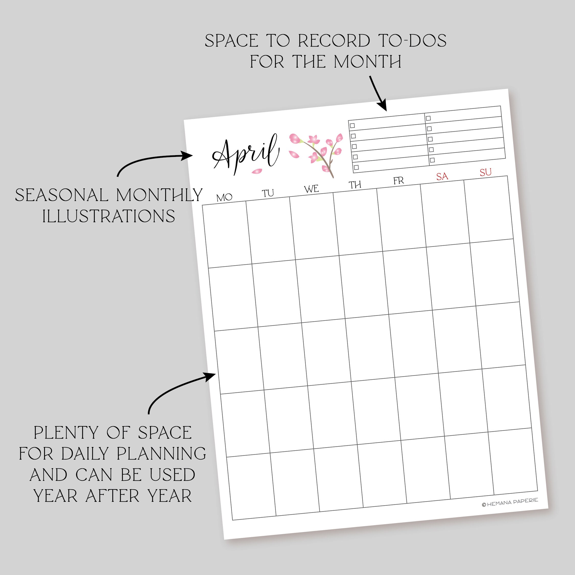 Printable Undated Monday Start Calendar 8.5X11, Seasonal Planner ...