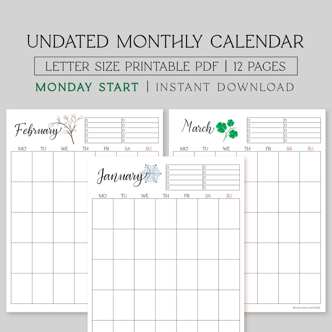 Printable Undated Monday Start Calendar 8.5X11, Seasonal Planner ...