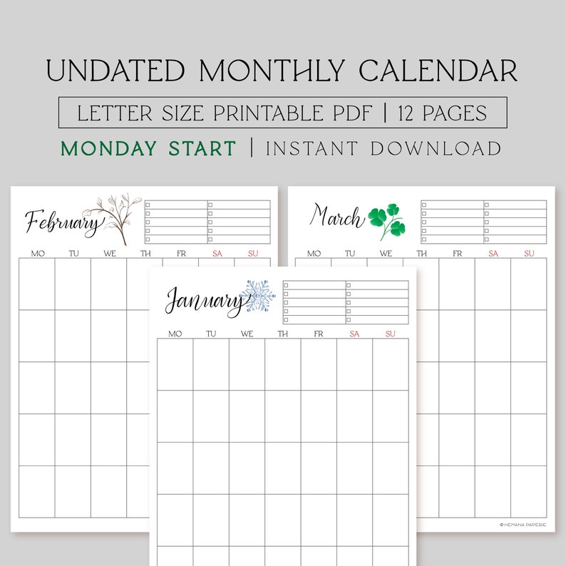Printable Undated Monday Start Calendar 8.5X11, Seasonal Planner ...