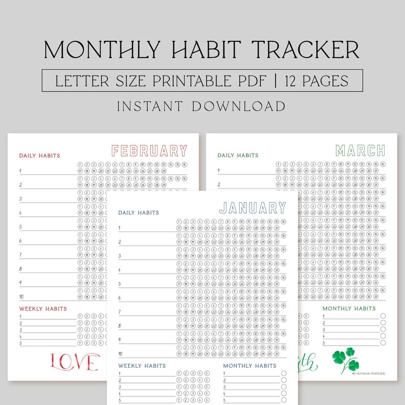 Printable Seasonal 12 Month Habit Tracker 8.5X11 | Digital Download ...