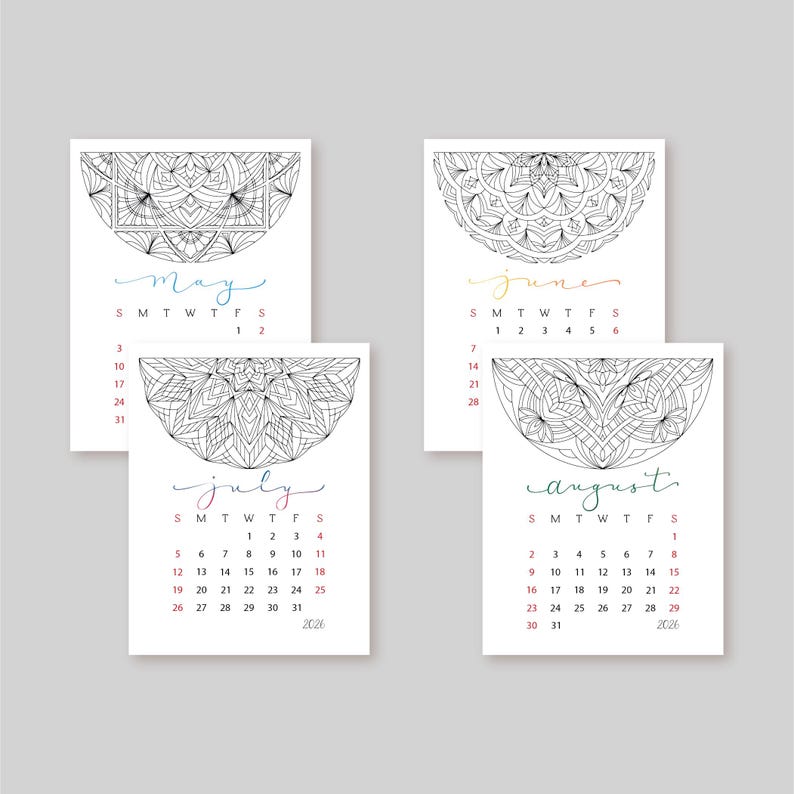 2026 Printable A2 Desk Calendar 4.25"x5.5", Digital Download Mandala ...