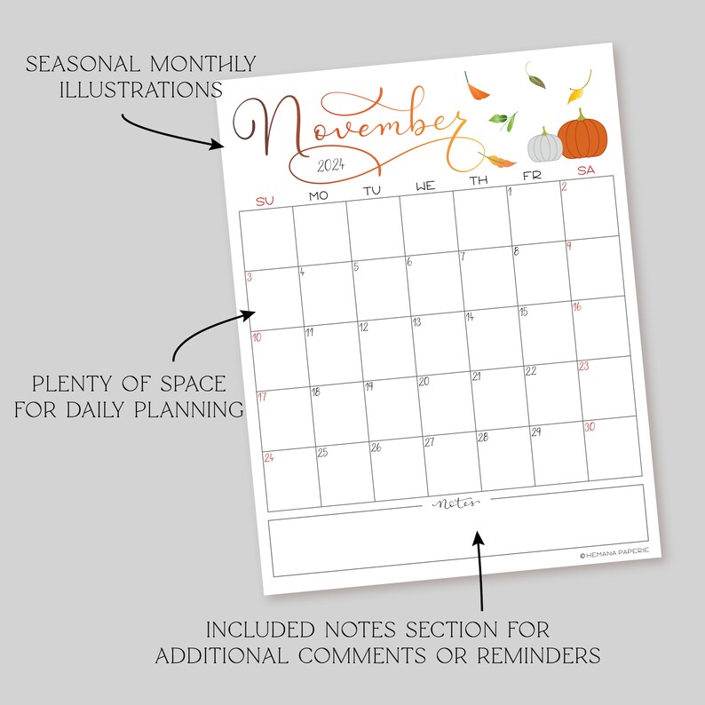 2024 Digital Download Calendar 8.5X11, Monthly Seasonal Planner ...