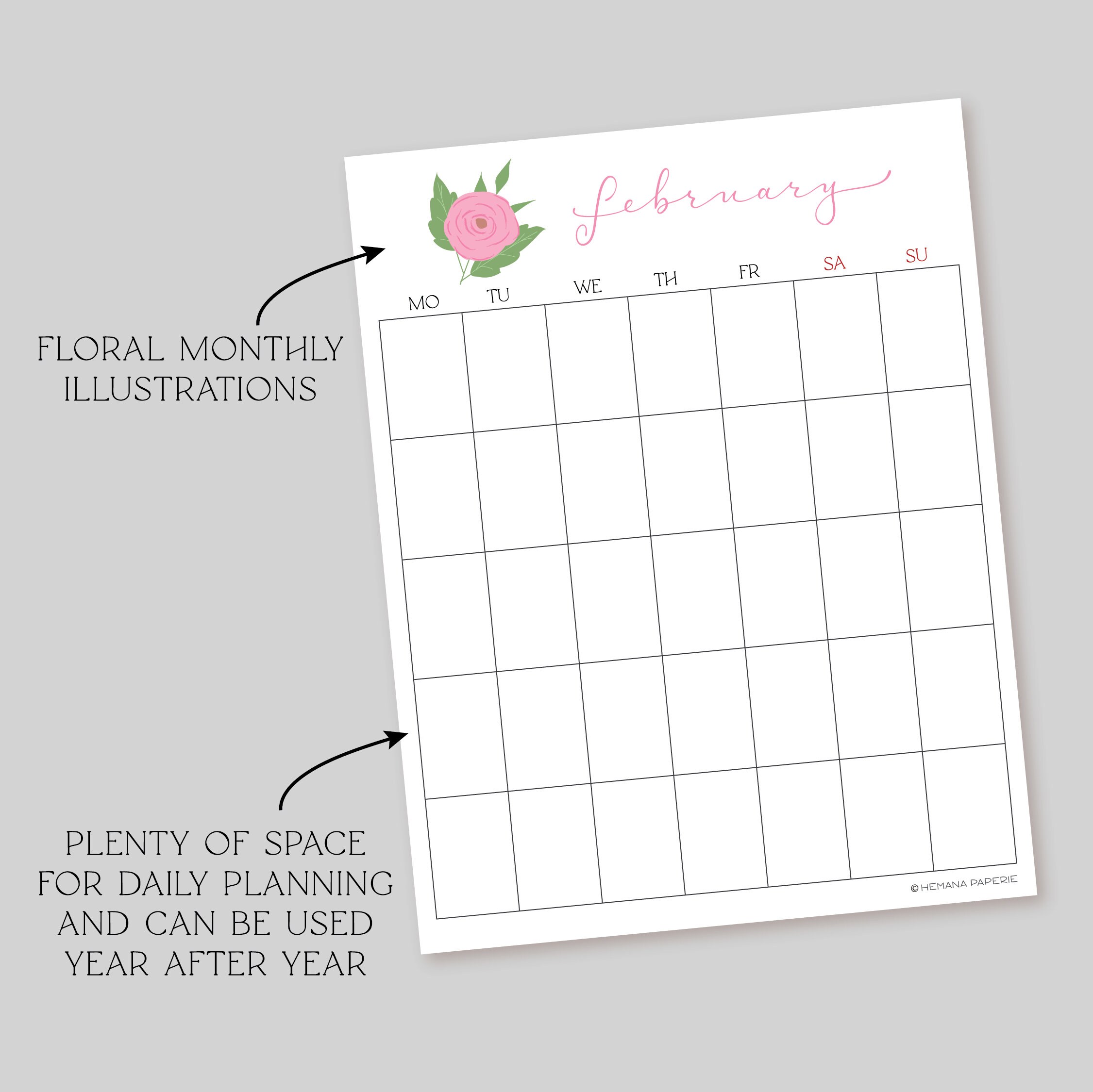 Undated Digital Download Calendar 8.5X11, Monday Start Floral Planner ...