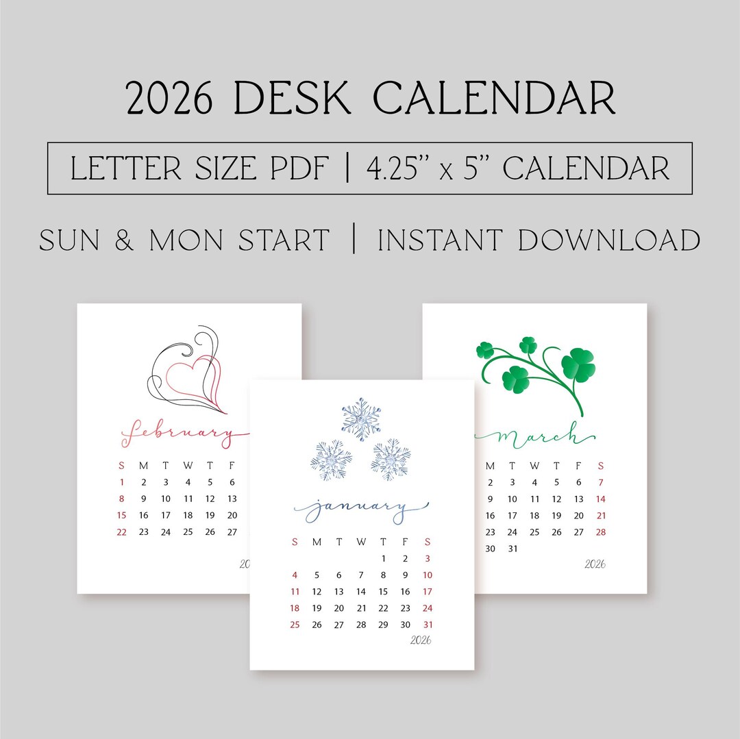 2026 Seasonal Desk Calendar, A2 Printable PDF (sunday & Monday Start ...