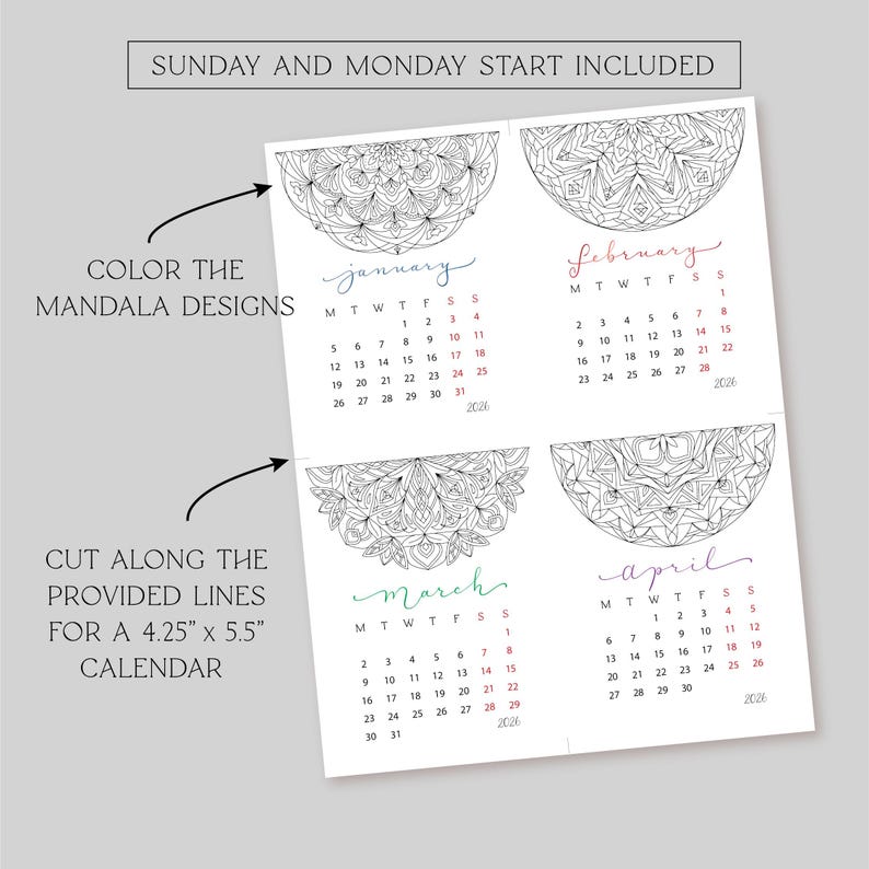 2026 Printable A2 Desk Calendar 4.25"x5.5", Digital Download Mandala ...