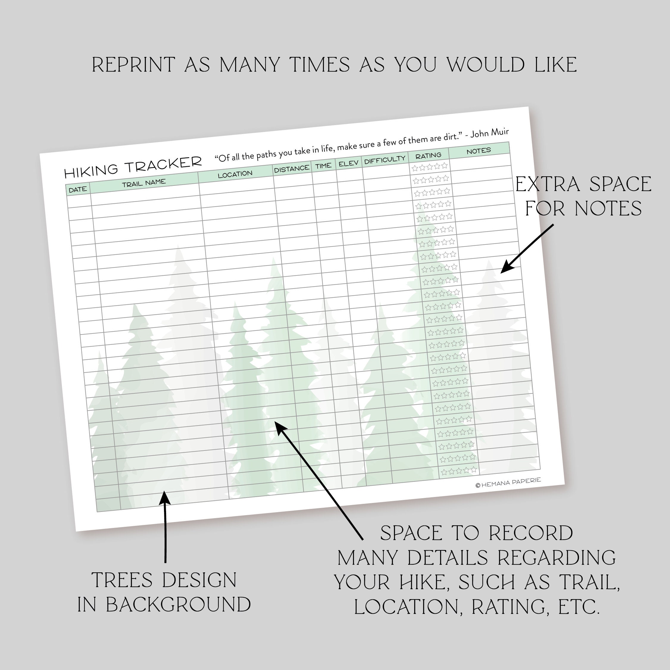 Printable Hiking Tracker 8.5X11 | Digital Download | Hiking Distance ...