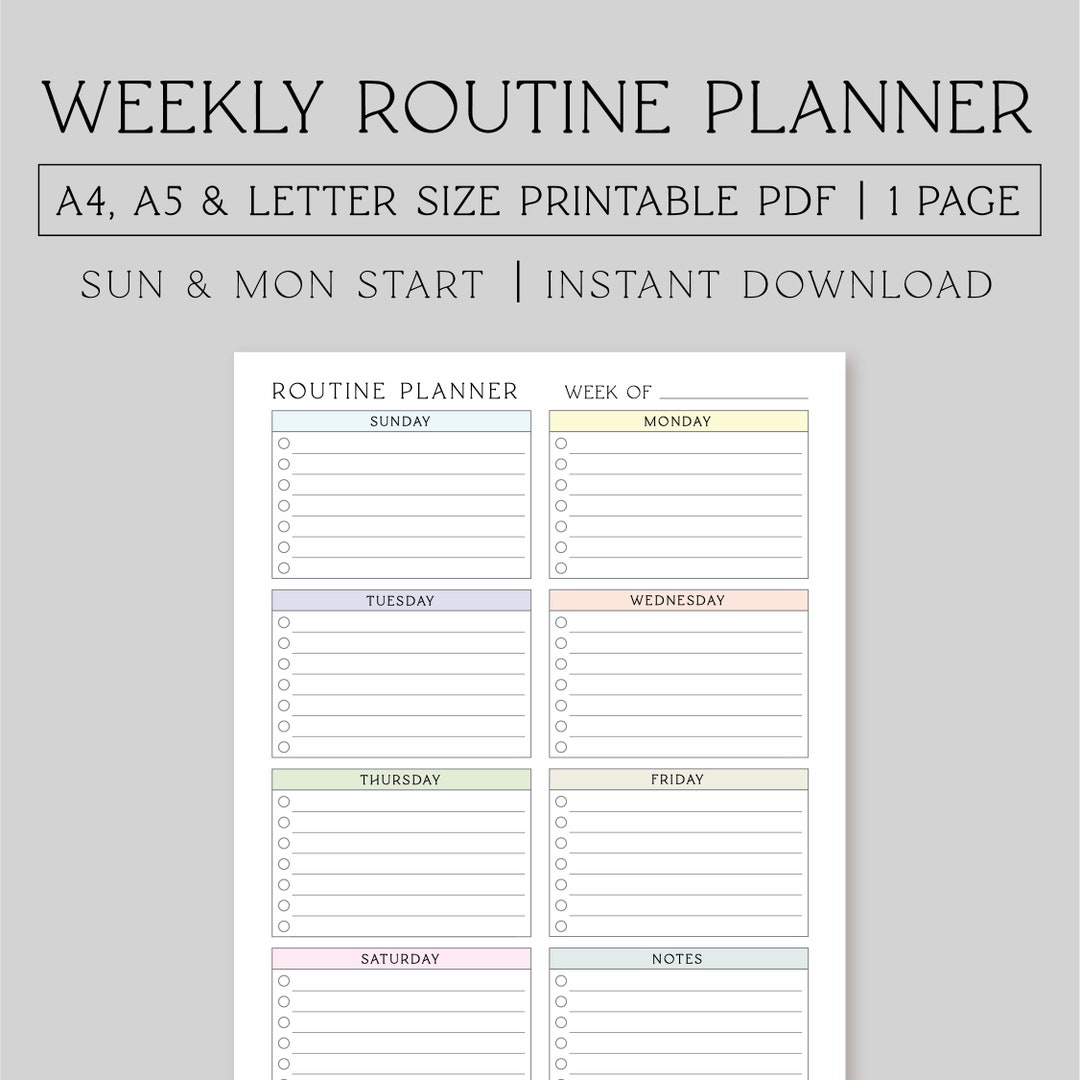 Printable Weekly Routine Planner, Monday Start, Sunday Start, Letter ...