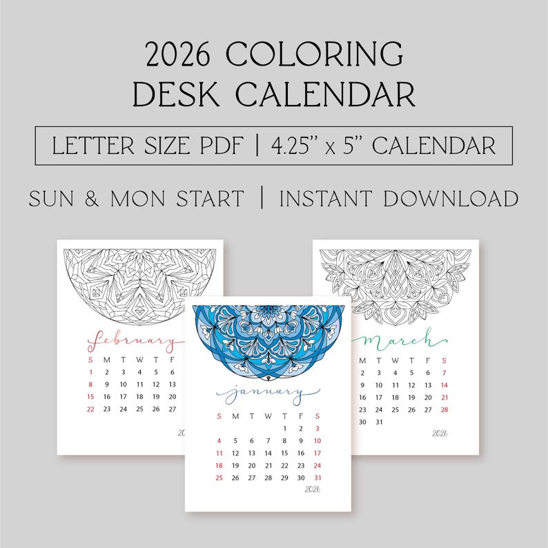 2026 Mandala Coloring A2 Desk Calendar 4.25"x5.5", Digital Download ...