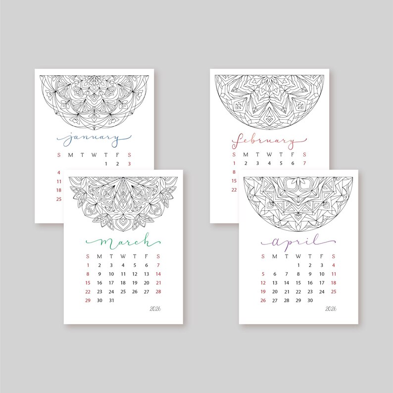 2026 Printable A2 Desk Calendar 4.25"x5.5", Digital Download Mandala ...