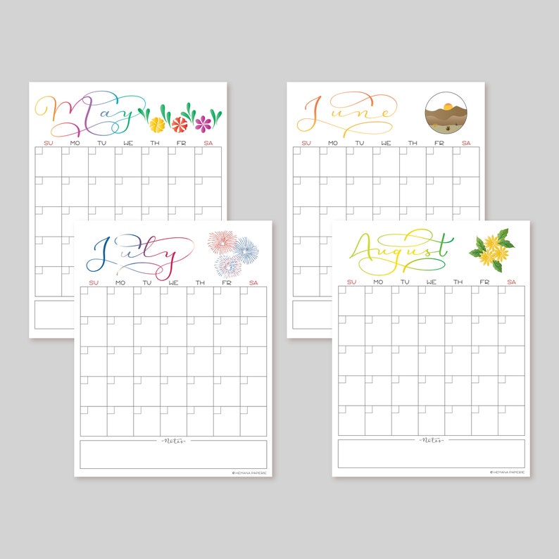 Printable Undated Calendar 8.5X11, Digital Download Monthly Seasonal ...