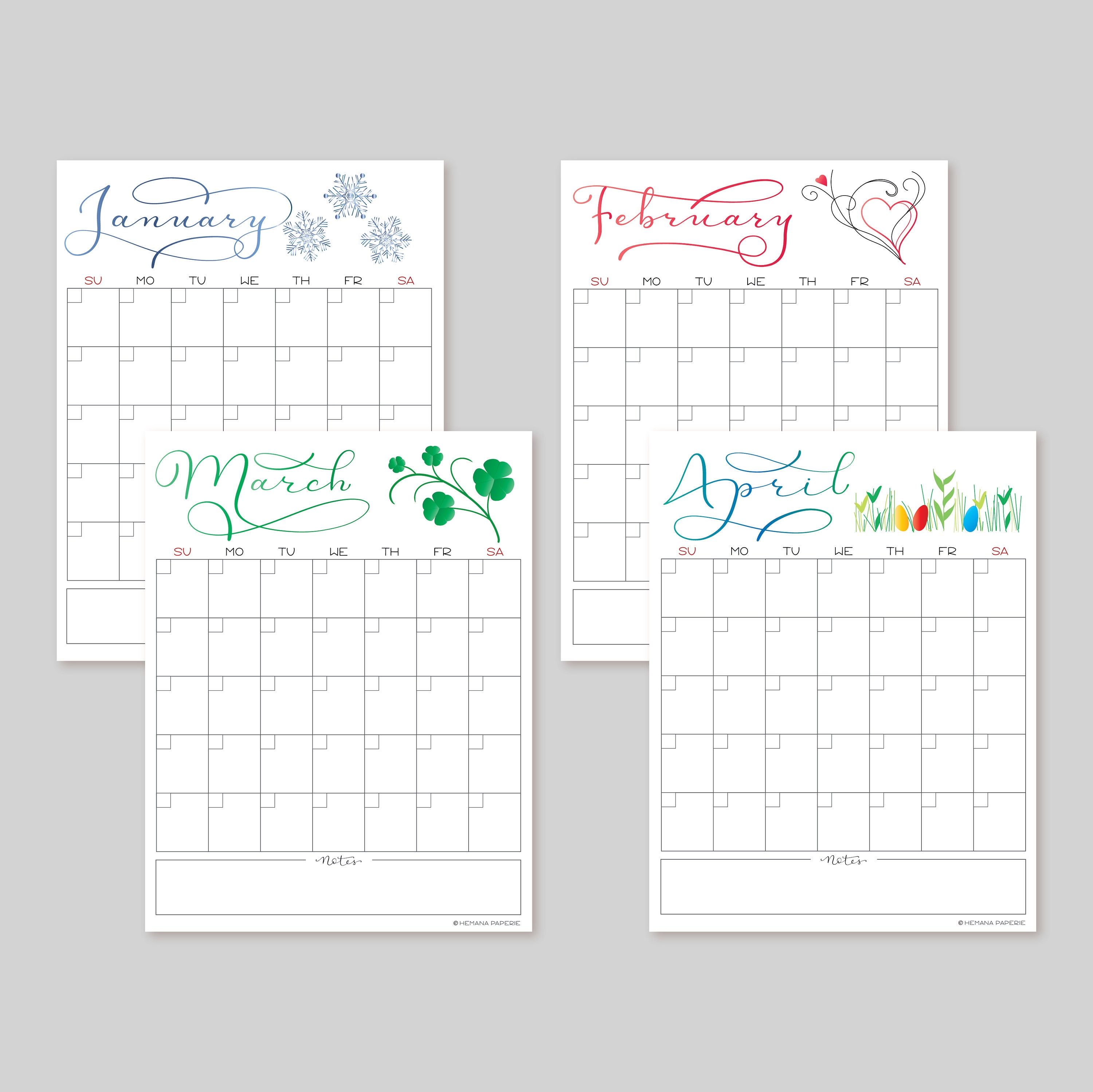Printable Undated Calendar 8.5X11, Digital Download Monthly Seasonal ...