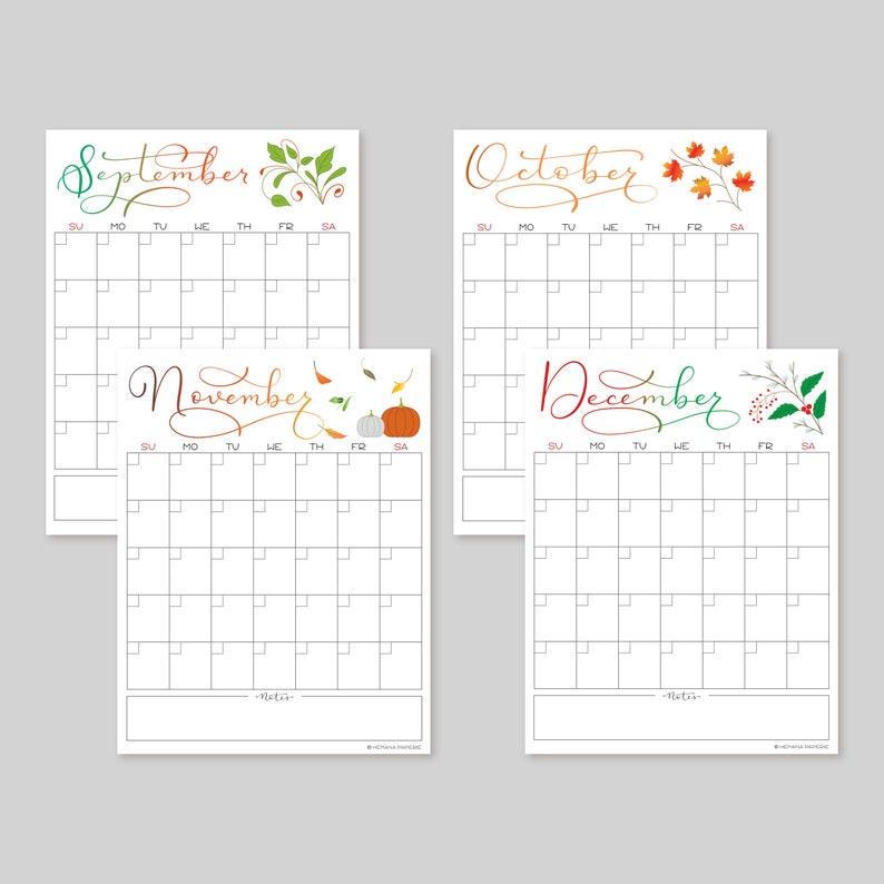 Printable Undated Calendar 8.5X11, Digital Download Monthly Seasonal ...