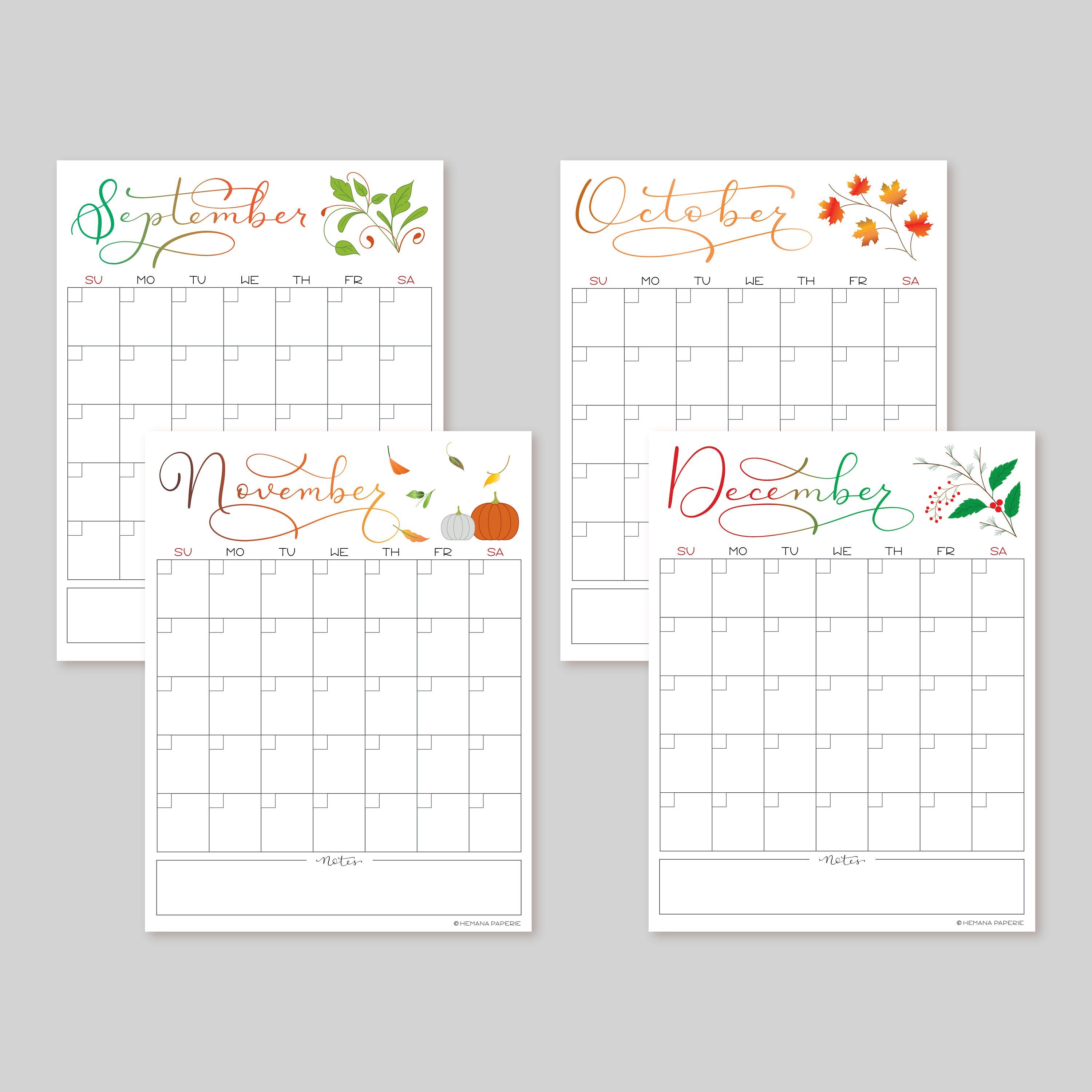 Printable Undated Calendar 8.5X11, Digital Download Monthly Seasonal ...