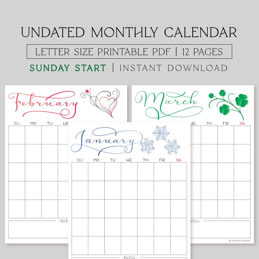 Undated Digital Download Calendar 8.5X11, Printable Monthly Seasonal ...