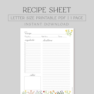 Printable Recipe Template 8.5X11, Digital Download - Etsy
