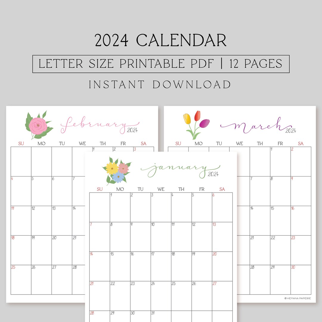 Printable Calendar 2024, Digital Download Calendar 8.5X11, Monthly ...