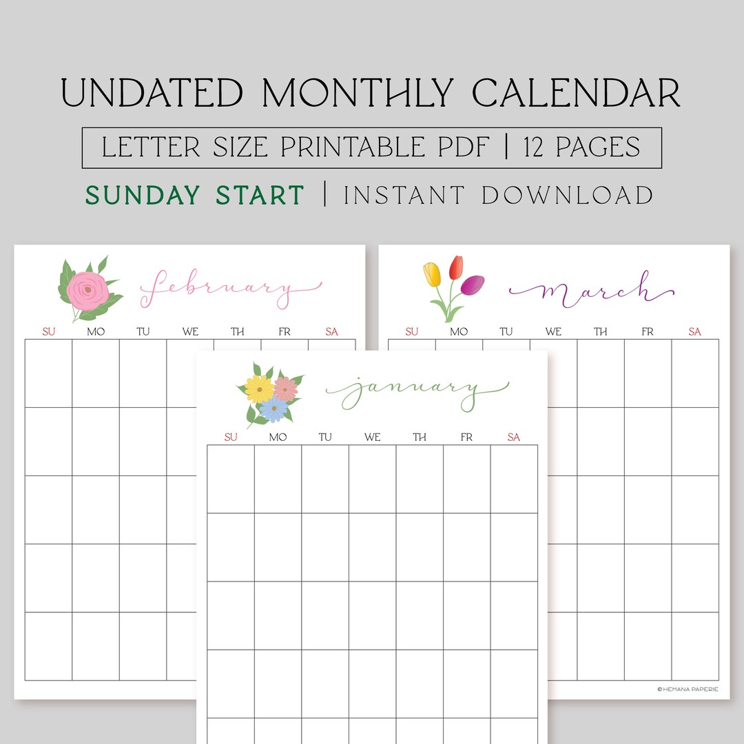 Undated Digital Download Calendar 8.5X11, Floral Planner Calendar ...