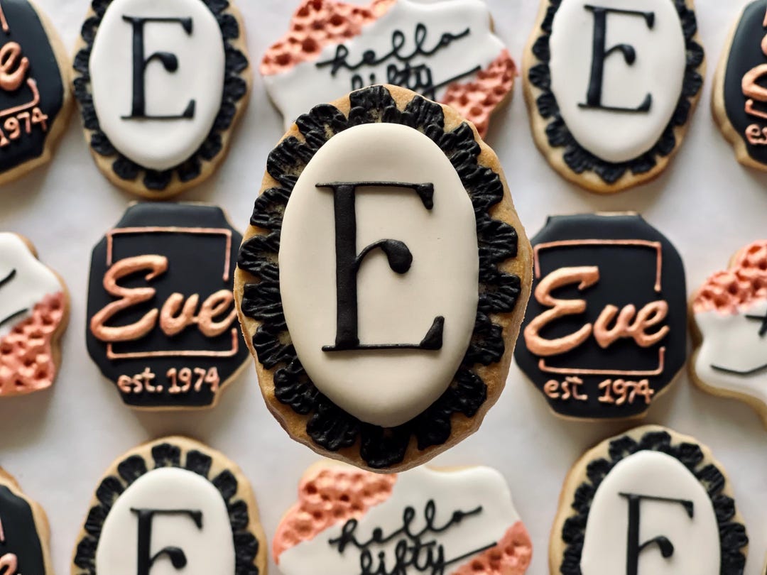 Birthday Cookies, 50th Birthday Cookies, Black Rose Gold and White ...