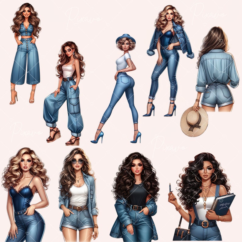 Denim Girl Clipart, Beautiful Women Clipart, Planner Girl Clipart, Lady ...