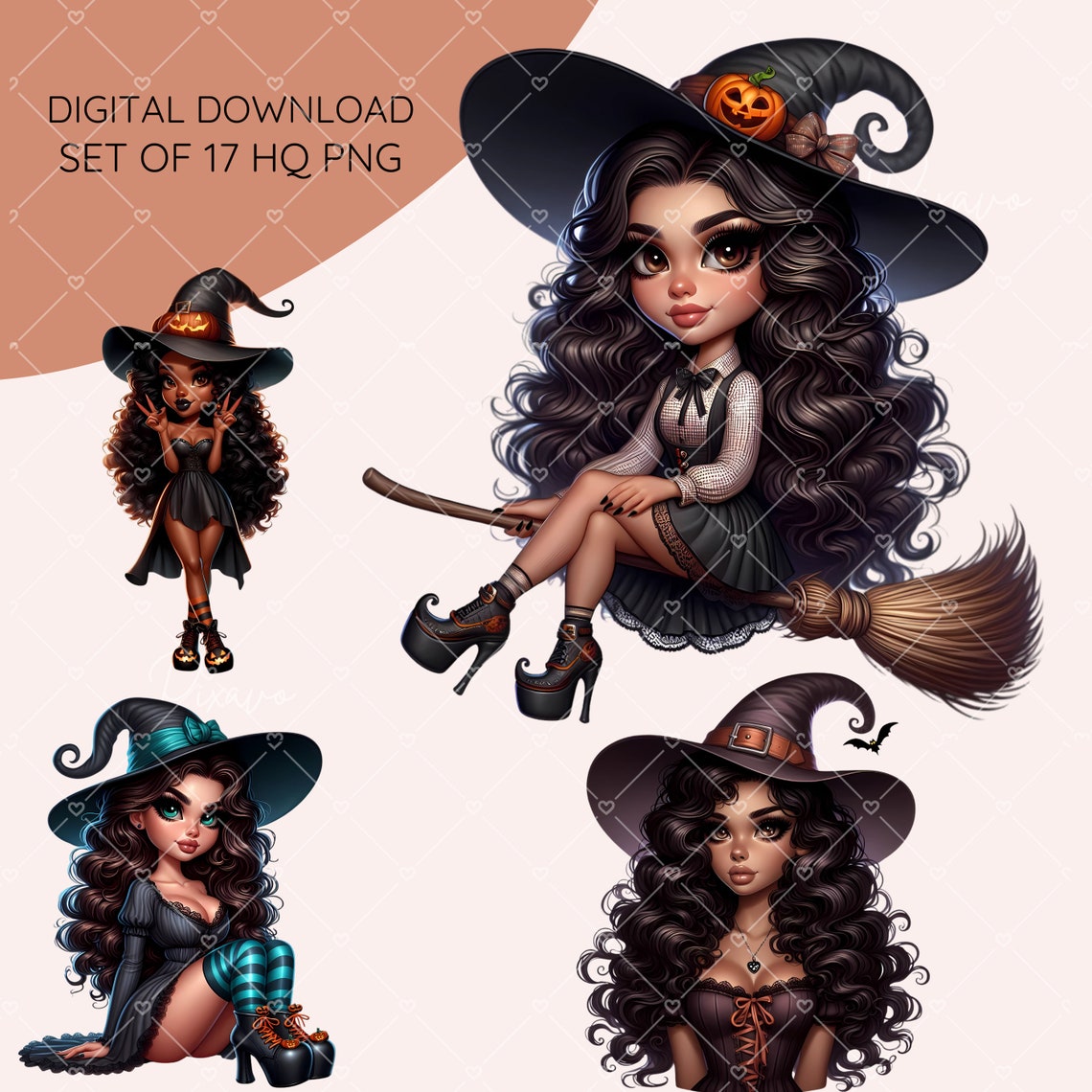 Cute Halloween Witches Clipart Set, Pretty Witches, PNG (digital ...
