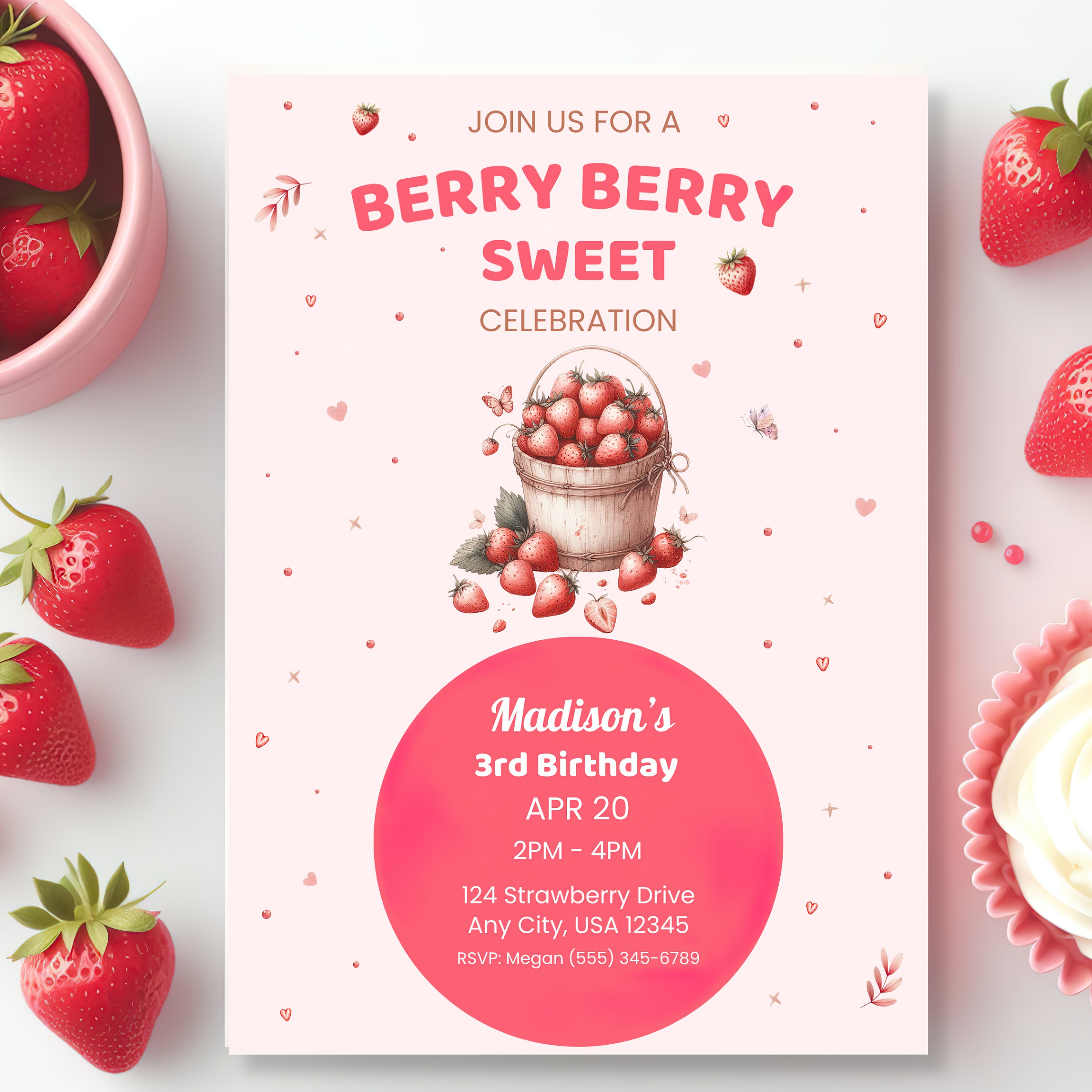 Strawberry Birthday Invitation Template - Editable Berry-themed ...