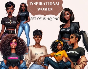 Black Women Words of Power Clipart Bundle - 14 Inspirational Phrases in ...