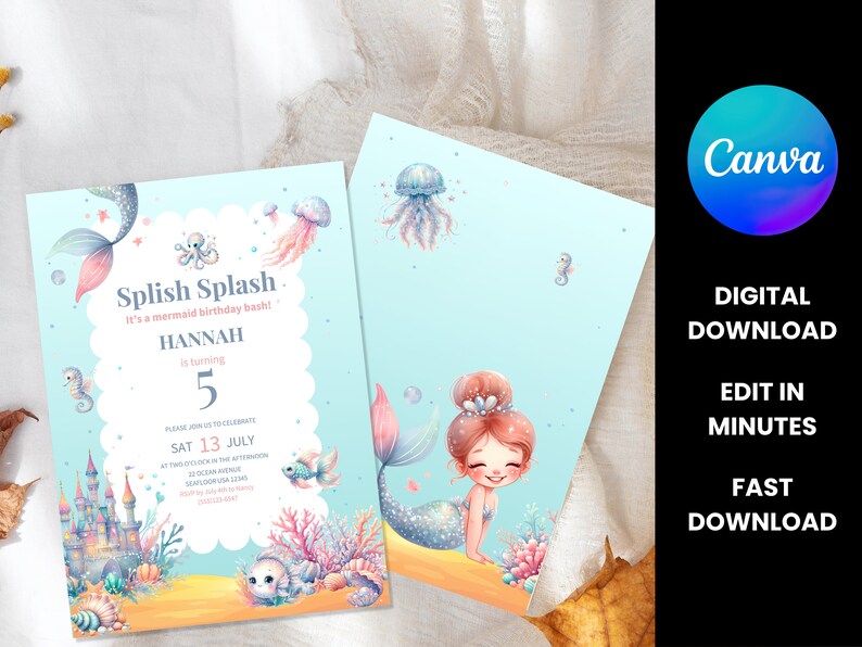 Mermaid Birthday Invitation Template - Editable, Printable, Instant ...