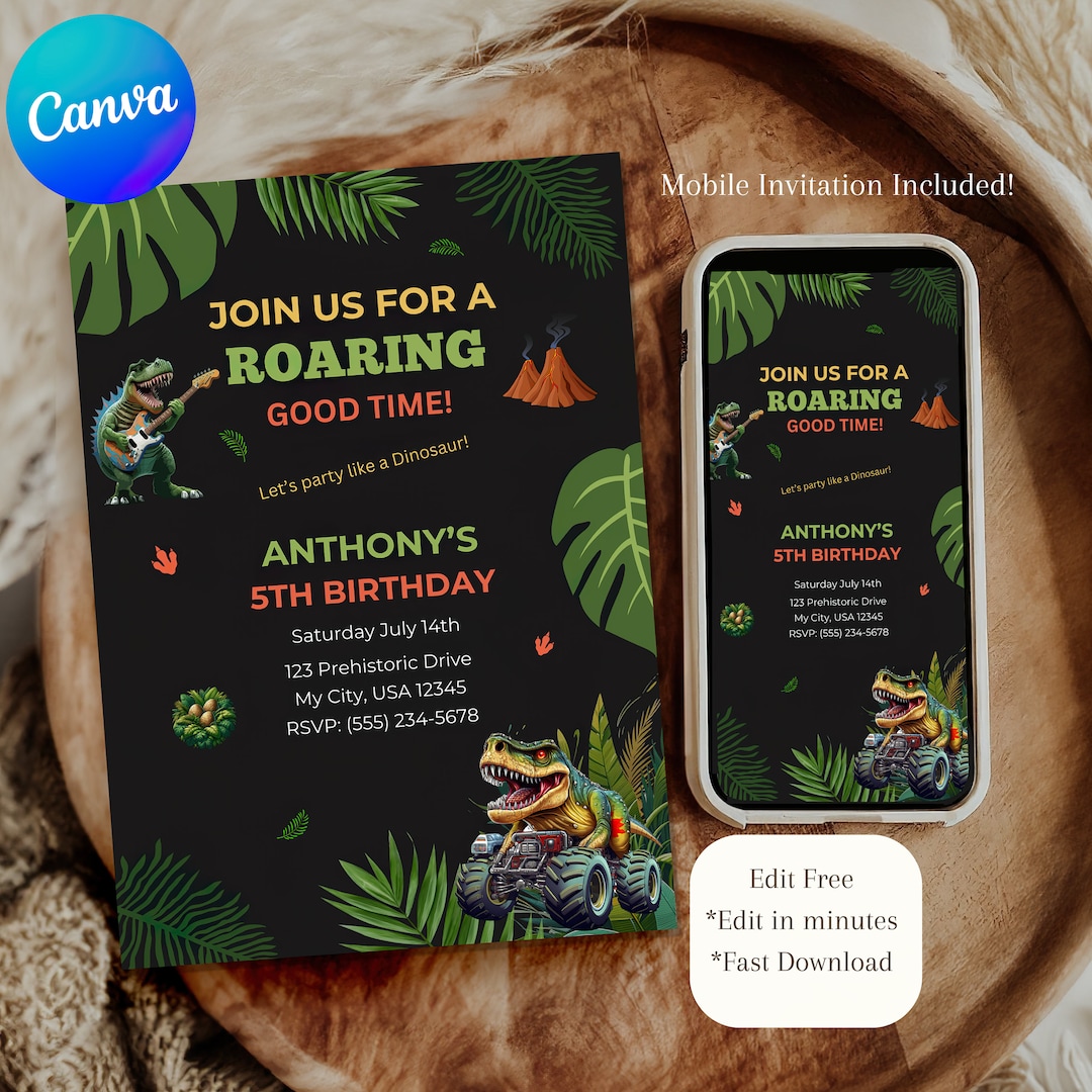 Dinosaur Birthday Invitation Template: Editable Dino Party Invite ...