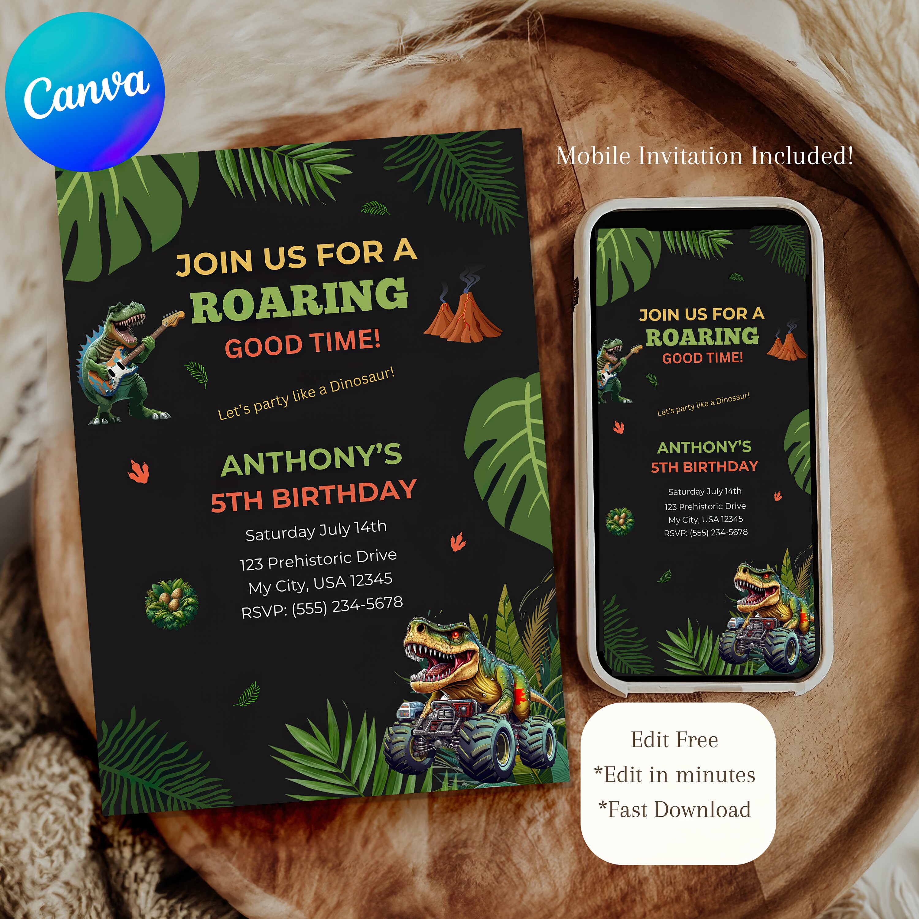 Dinosaur Birthday Invitation Template: Editable Dino Party Invite ...